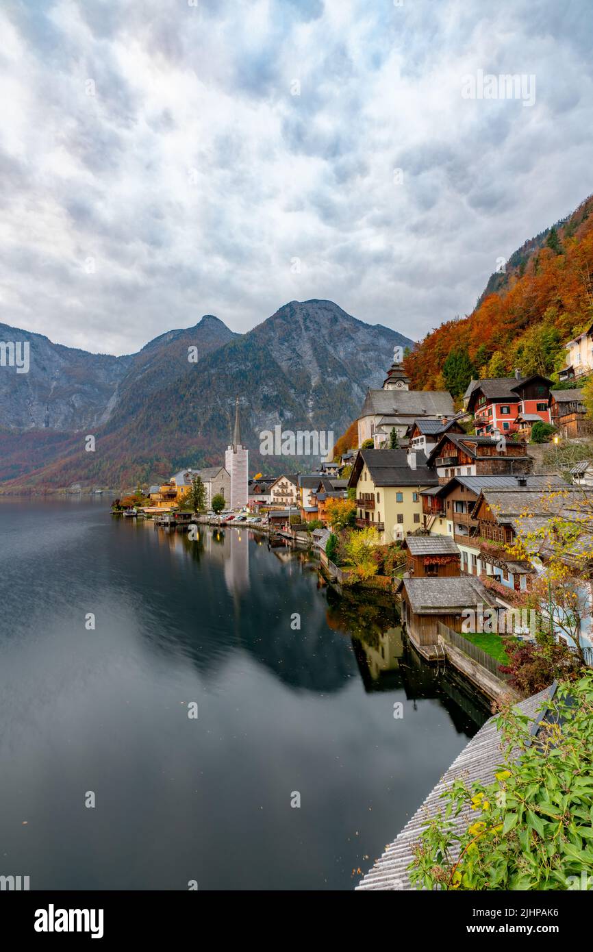 Lake Hallstatt, Austria. The village of Hallstatt is on the shore of Lake Hallstatt in the High ...