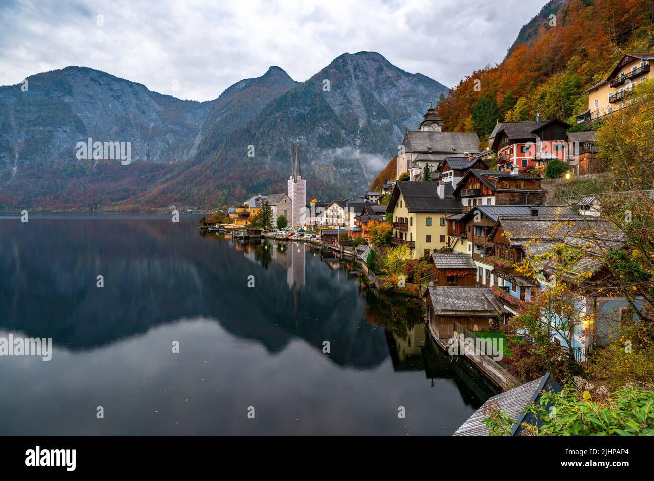 Lake Hallstatt, Austria. The village of Hallstatt is on the shore of ...