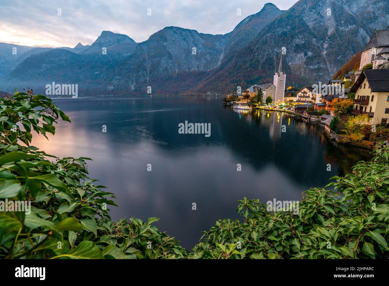 Lake Hallstatt, Austria. The village of Hallstatt is on the shore of Lake Hallstatt in the High ...