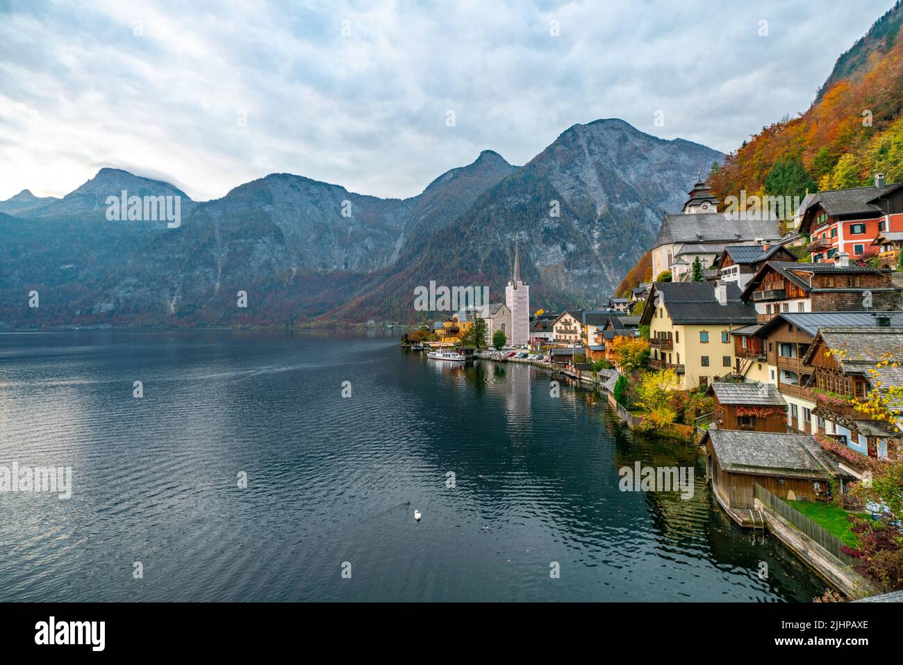 Lake Hallstatt, Austria. The village of Hallstatt is on the shore of ...