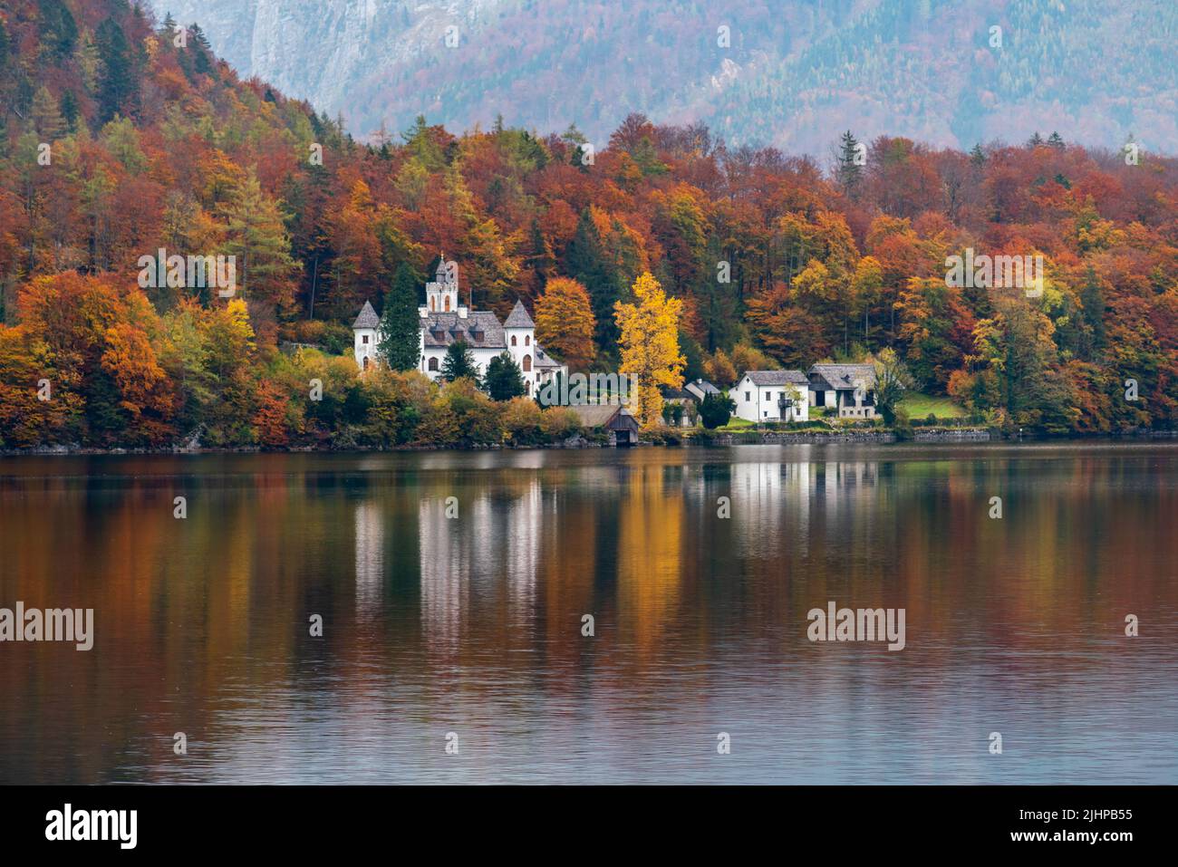 Lake Hallstatt, Austria. The village of Hallstatt is on the shore of ...