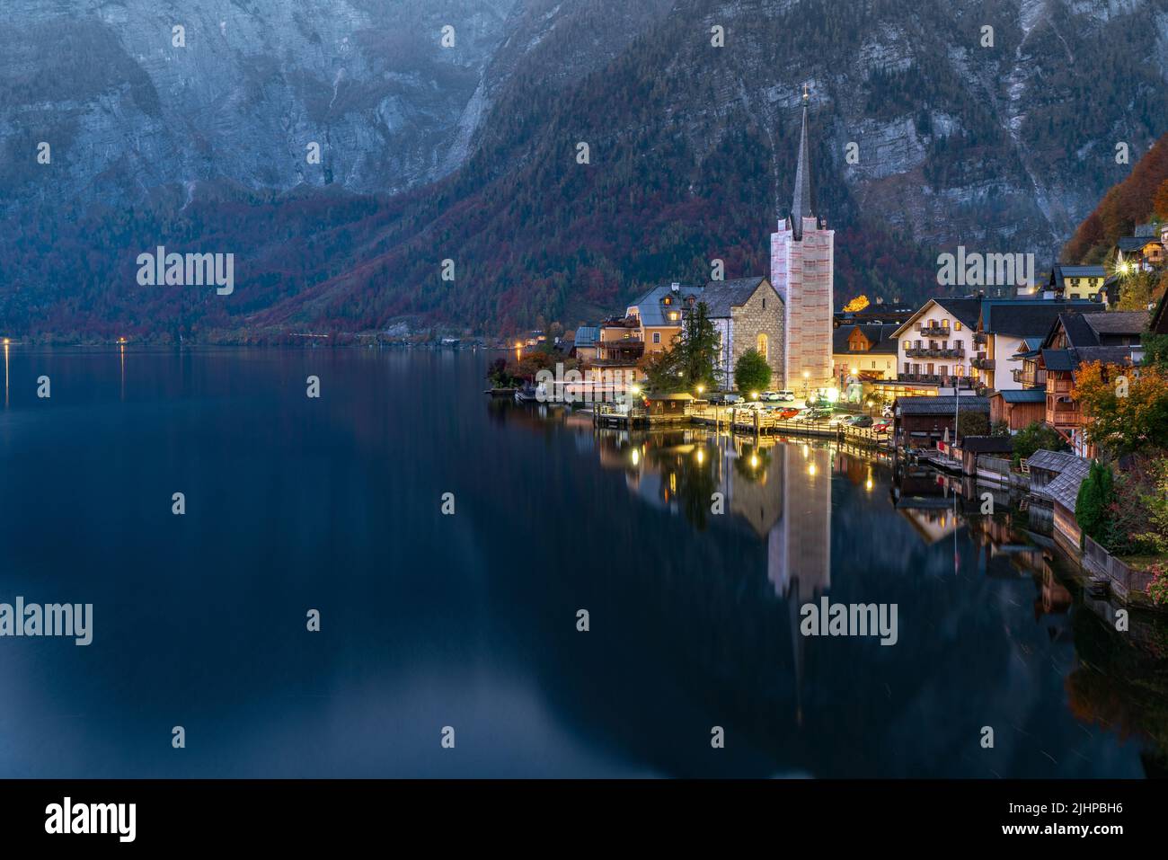Lake Hallstatt, Austria. The village of Hallstatt is on the shore of Lake Hallstatt in the High ...