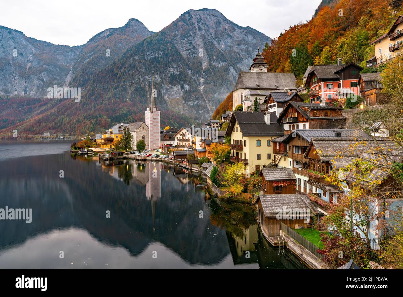 Lake Hallstatt, Austria. The village of Hallstatt is on the shore of ...