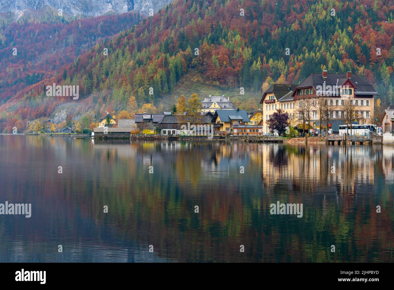 Lake Hallstatt, Austria. The village of Hallstatt is on the shore of ...