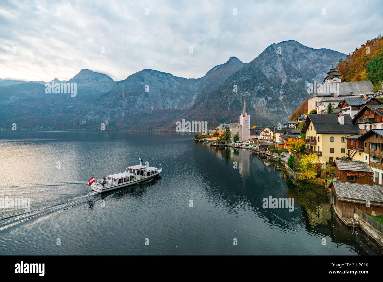 Lake Hallstatt, Austria. The village of Hallstatt is on the shore of Lake Hallstatt in the High ...