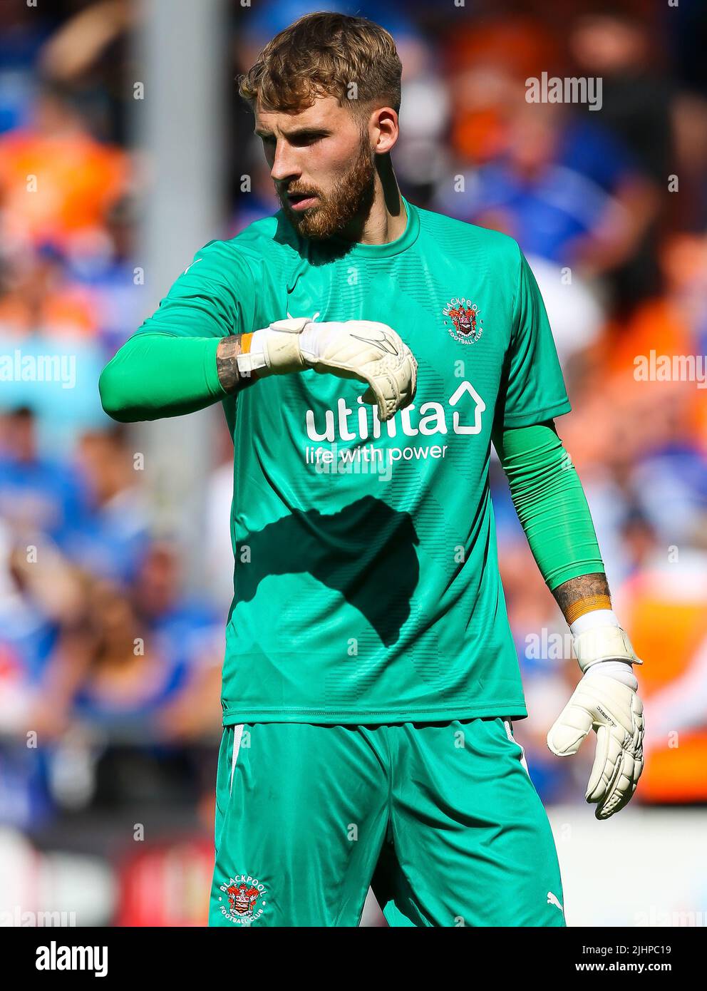 Blackpool goalkeeper Daniel Grimshaw during the pre-season friendly match at Bloomfield Road ...