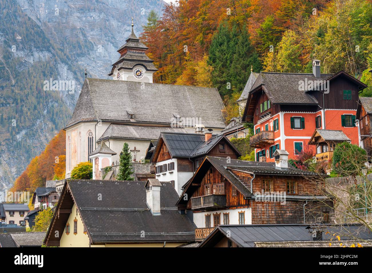Lake Hallstatt, Austria. The village of Hallstatt is on the shore of ...