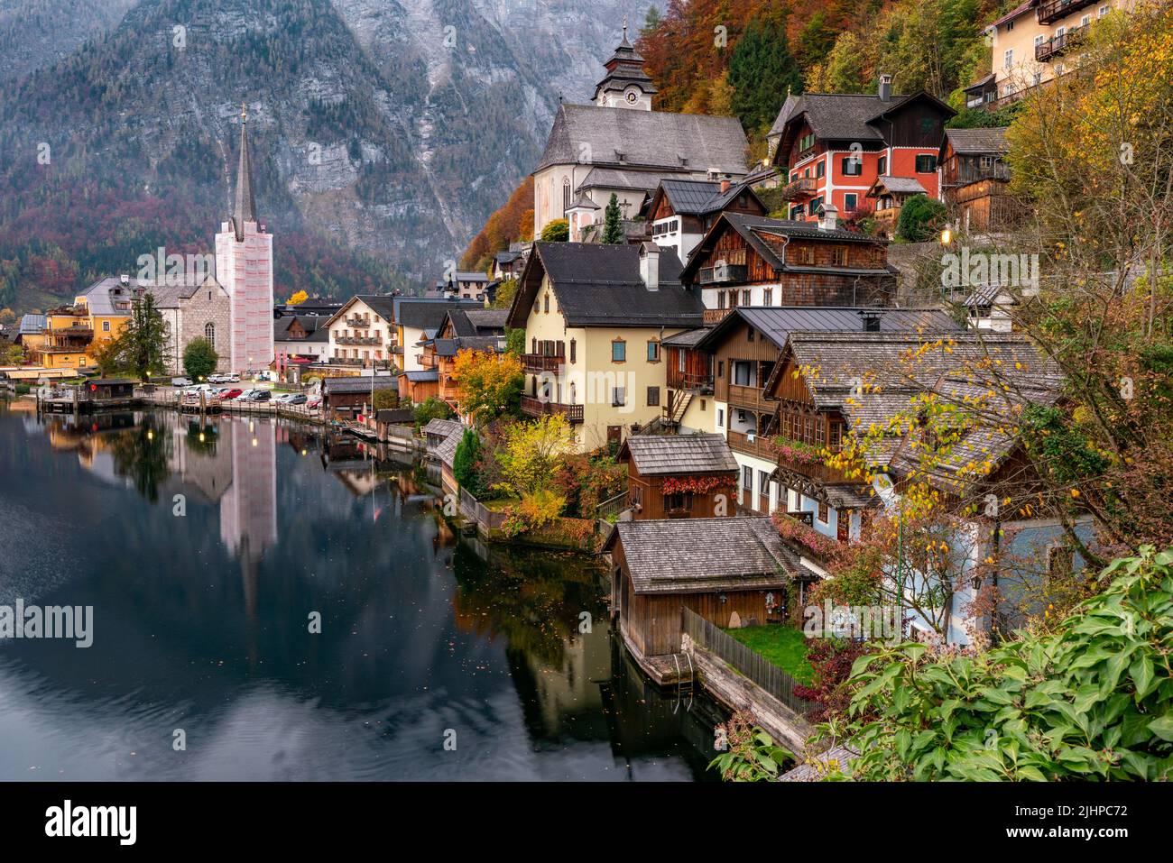 Lake Hallstatt, Austria. The village of Hallstatt is on the shore of Lake Hallstatt in the High ...