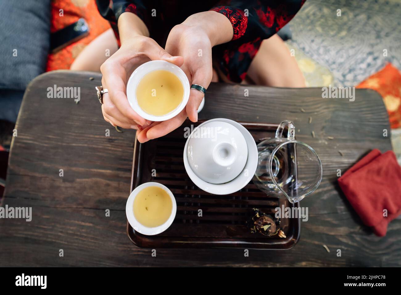 Top view tea set a wooden table for tea ceremony background Stock Photo ...