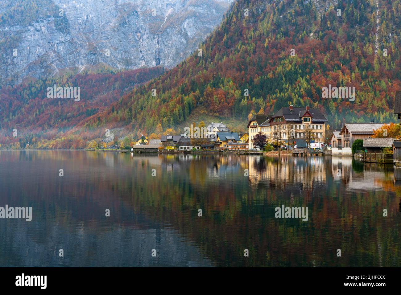 Lake Hallstatt, Austria. The village of Hallstatt is on the shore of Lake Hallstatt in the High ...