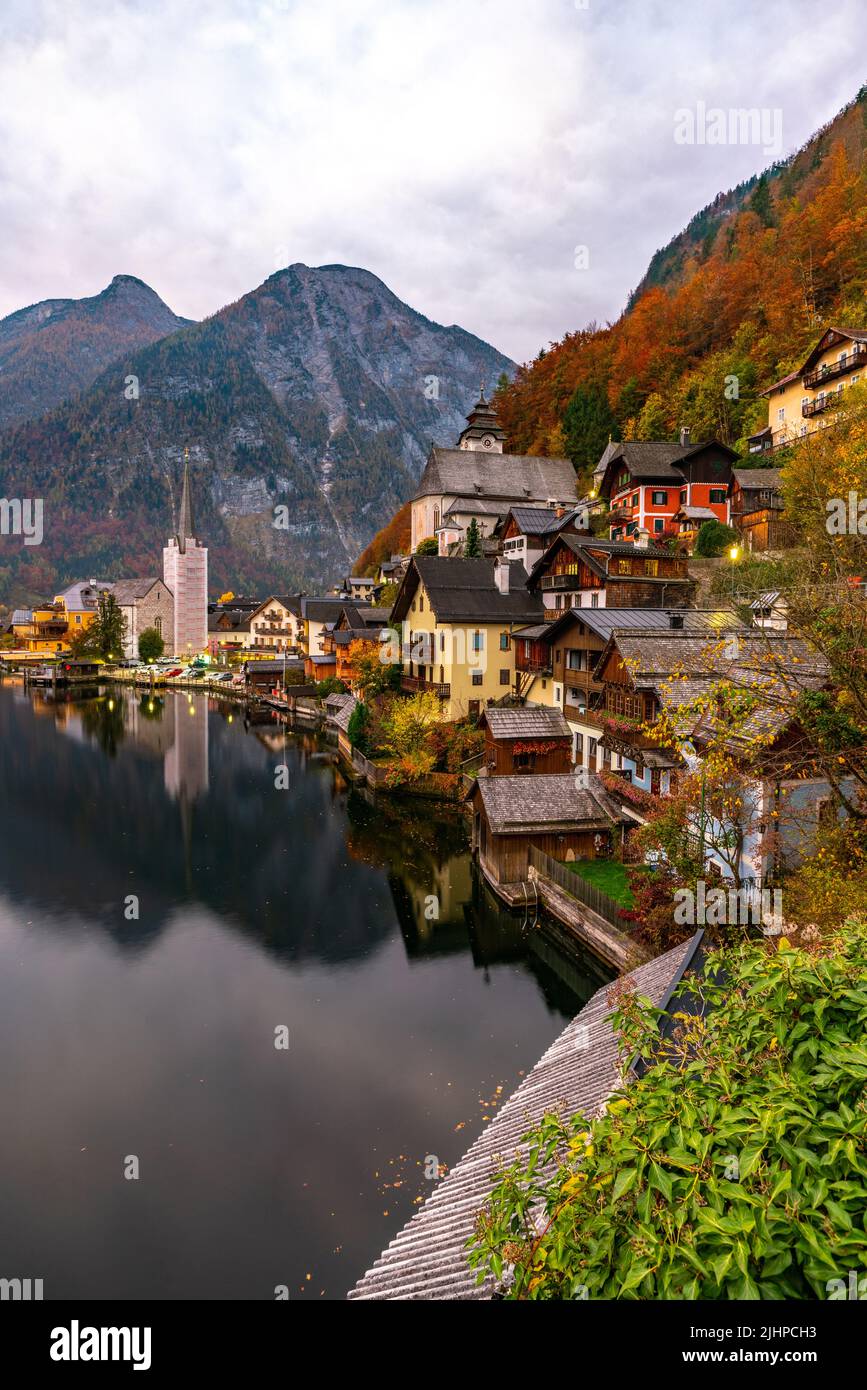 Lake Hallstatt, Austria. The village of Hallstatt is on the shore of Lake Hallstatt in the High ...