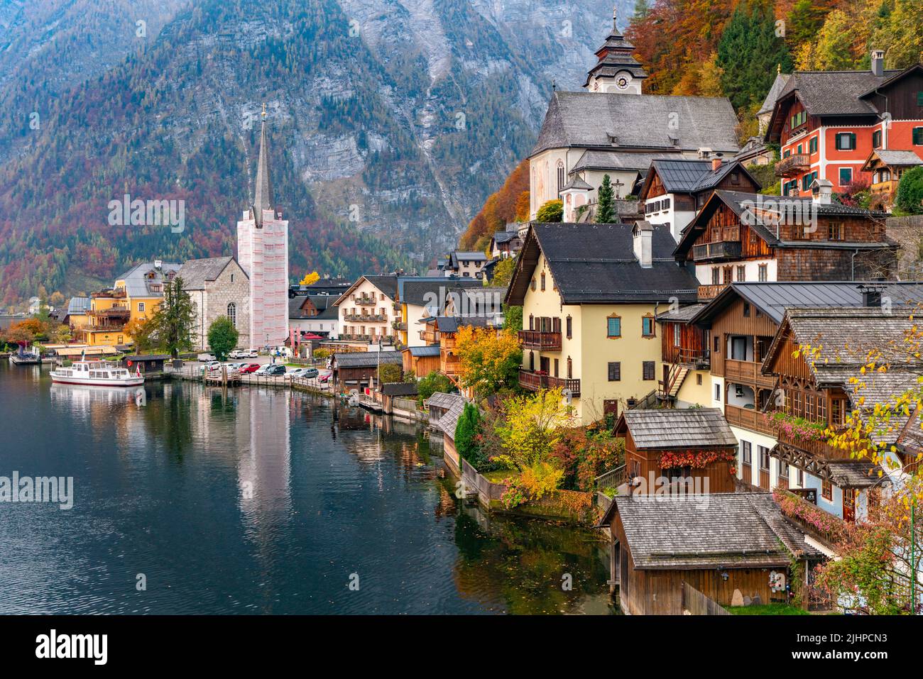 Lake Hallstatt, Austria. The village of Hallstatt is on the shore of ...