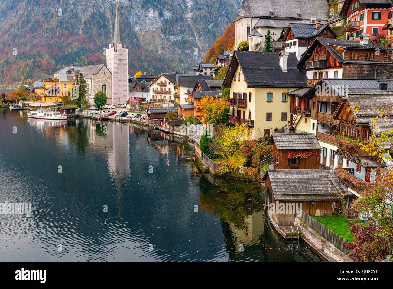 Lake Hallstatt, Austria. The village of Hallstatt is on the shore of Lake Hallstatt in the High ...