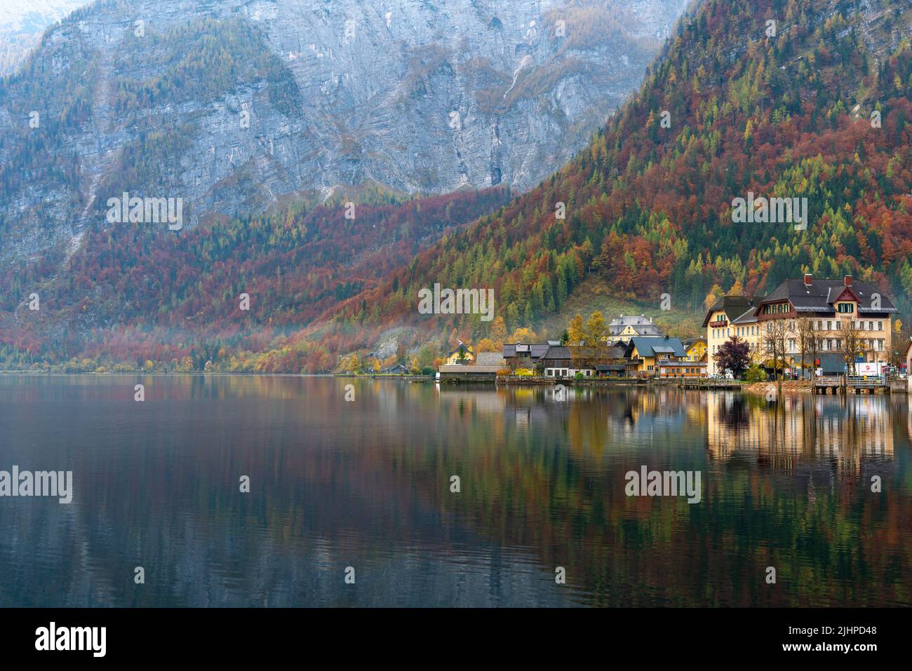 Lake Hallstatt, Austria. The village of Hallstatt is on the shore of ...