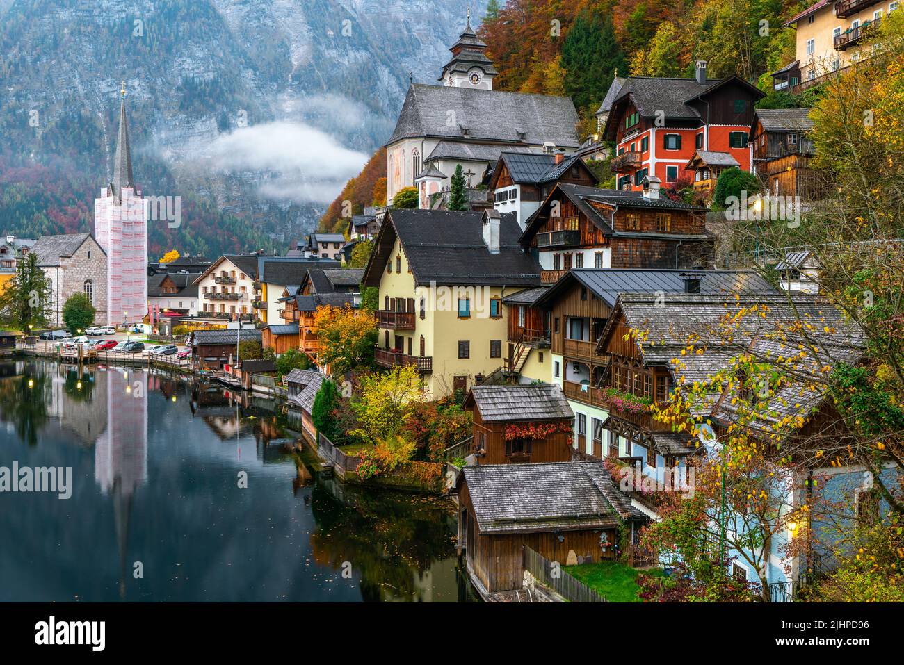 Lake Hallstatt, Austria. The village of Hallstatt is on the shore of Lake Hallstatt in the High ...