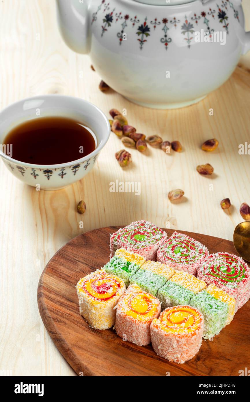 Turkish delight on a wooden table Stock Photo - Alamy