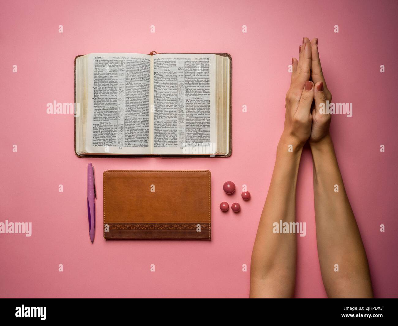 Bible study and hands praying Stock Photo - Alamy