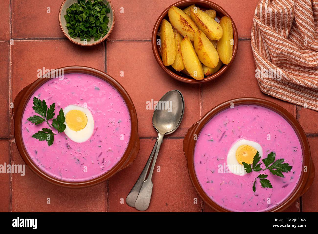 Food photography of cold beetroot soup, egg, potatoes Stock Photo - Alamy