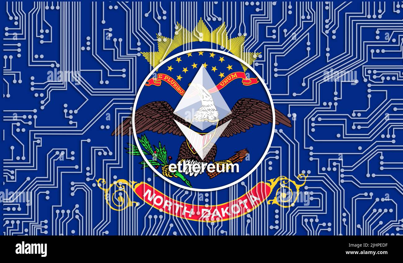 flag of North Dakota, USA and ethereum coin, Integrated Circuit Board ...