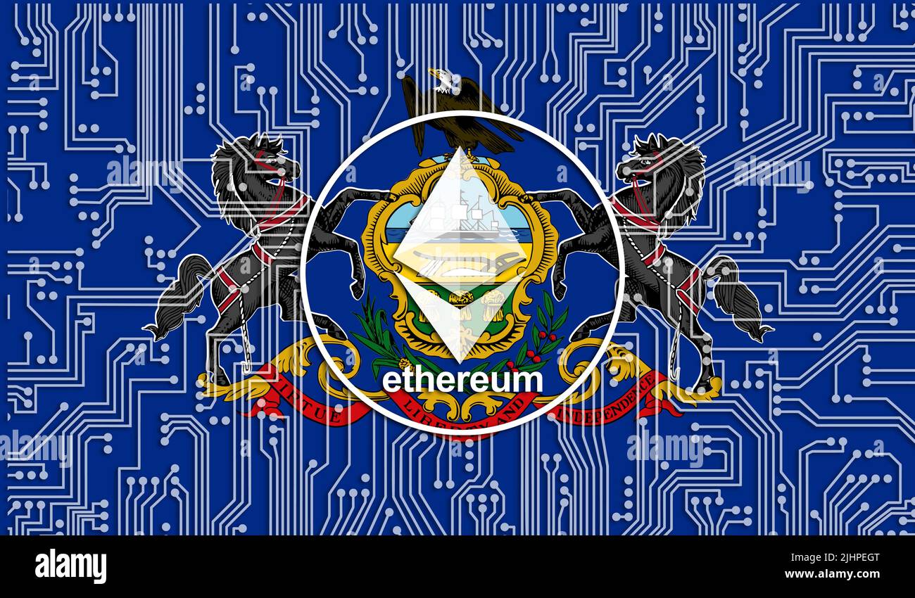 flag of Pennsylvania, USA and ethereum coin, Integrated Circuit Board ...