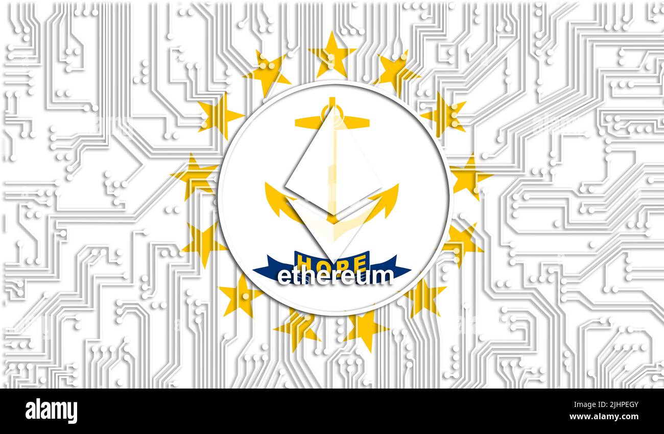 flag of Rhode Island, USA and ethereum coin, Integrated Circuit Board ...