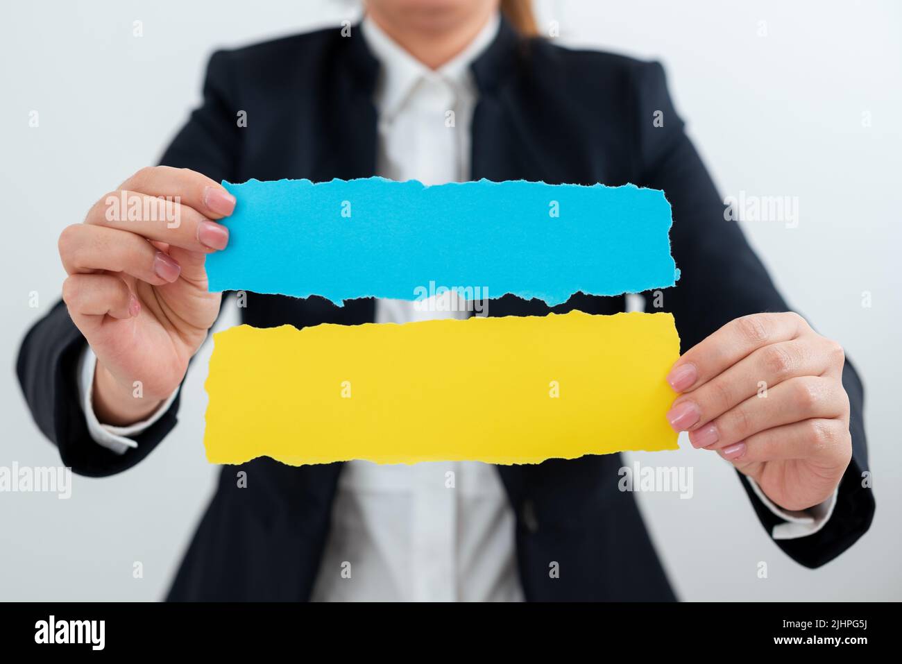 Businesswoman Holding Two Notes With Important Messages Woman Presenting Different Crutial