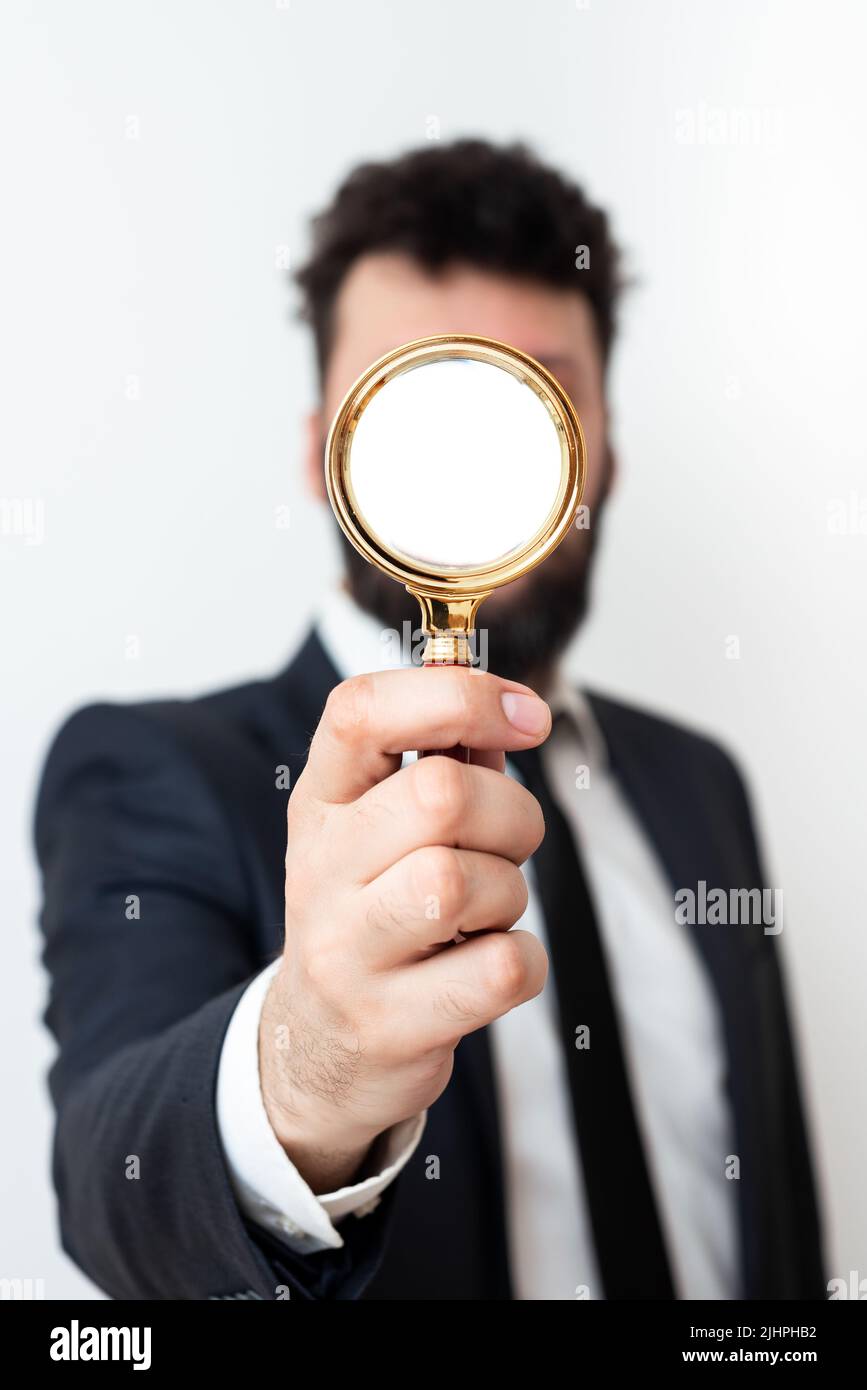 Businessman Holding Magnifier In One Hand. Man Having Magnifying Glass ...