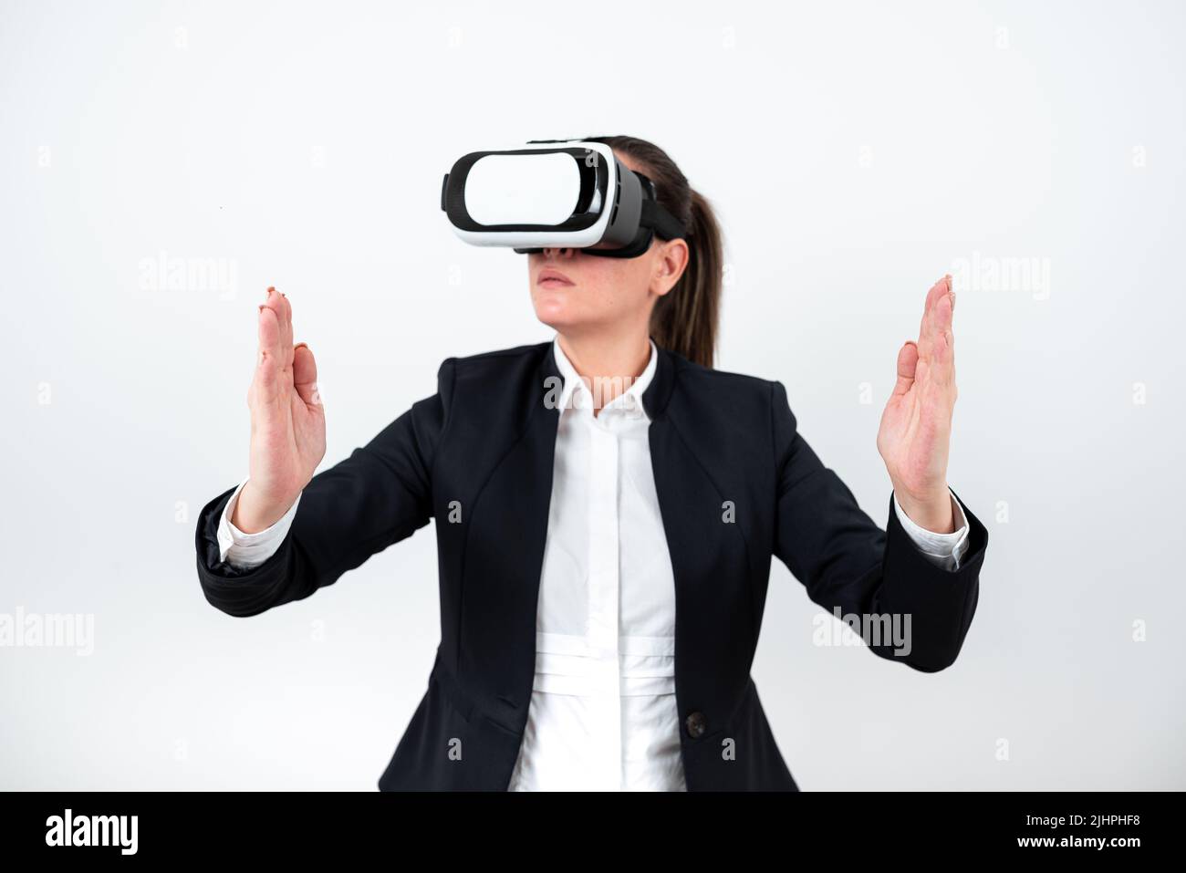 Woman Wearing Vr Glasses And Presenting Important Messages Between ...