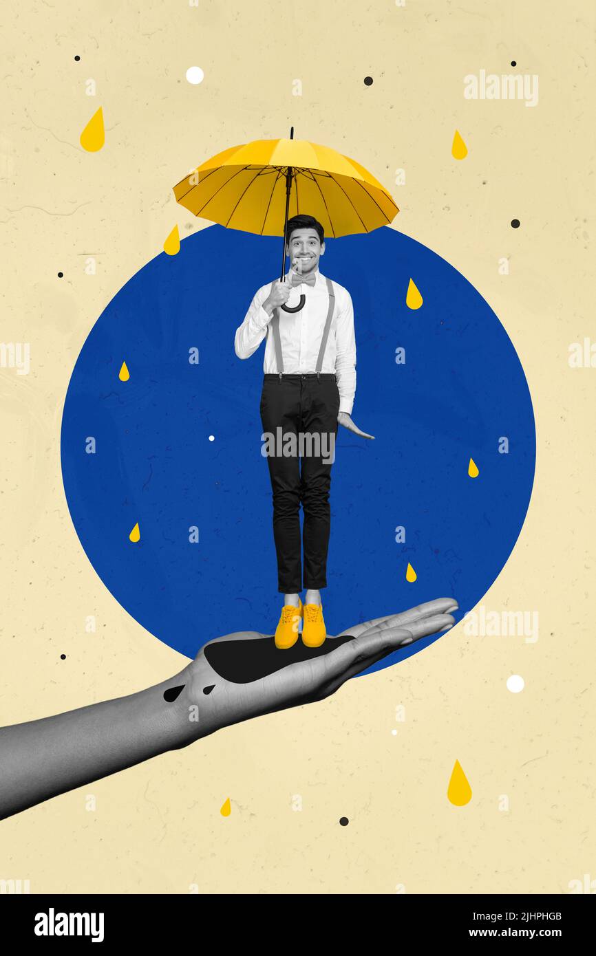 Vertical poster collage photo of young man jump raining wear ...