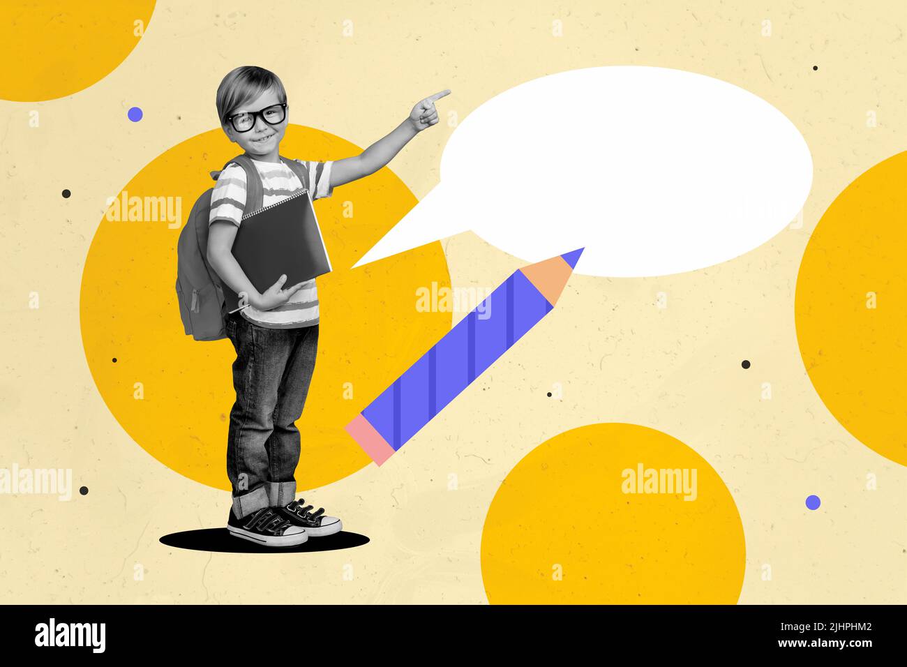 Collage portrait of small boy black white effect indicate finger pencil ...