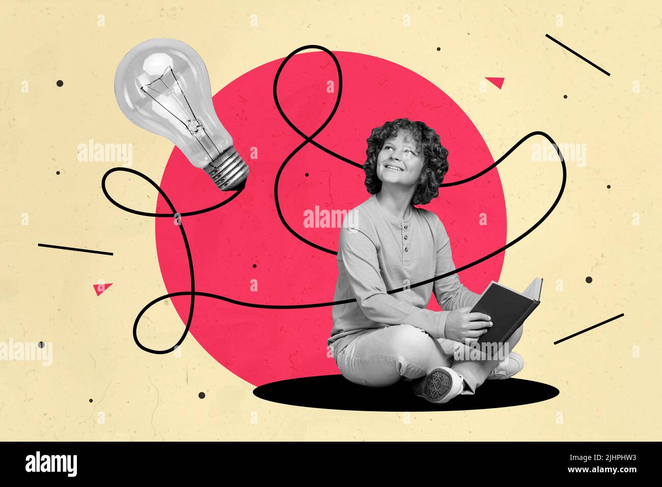 Composite collage image of little boy black white effect hold read book ...