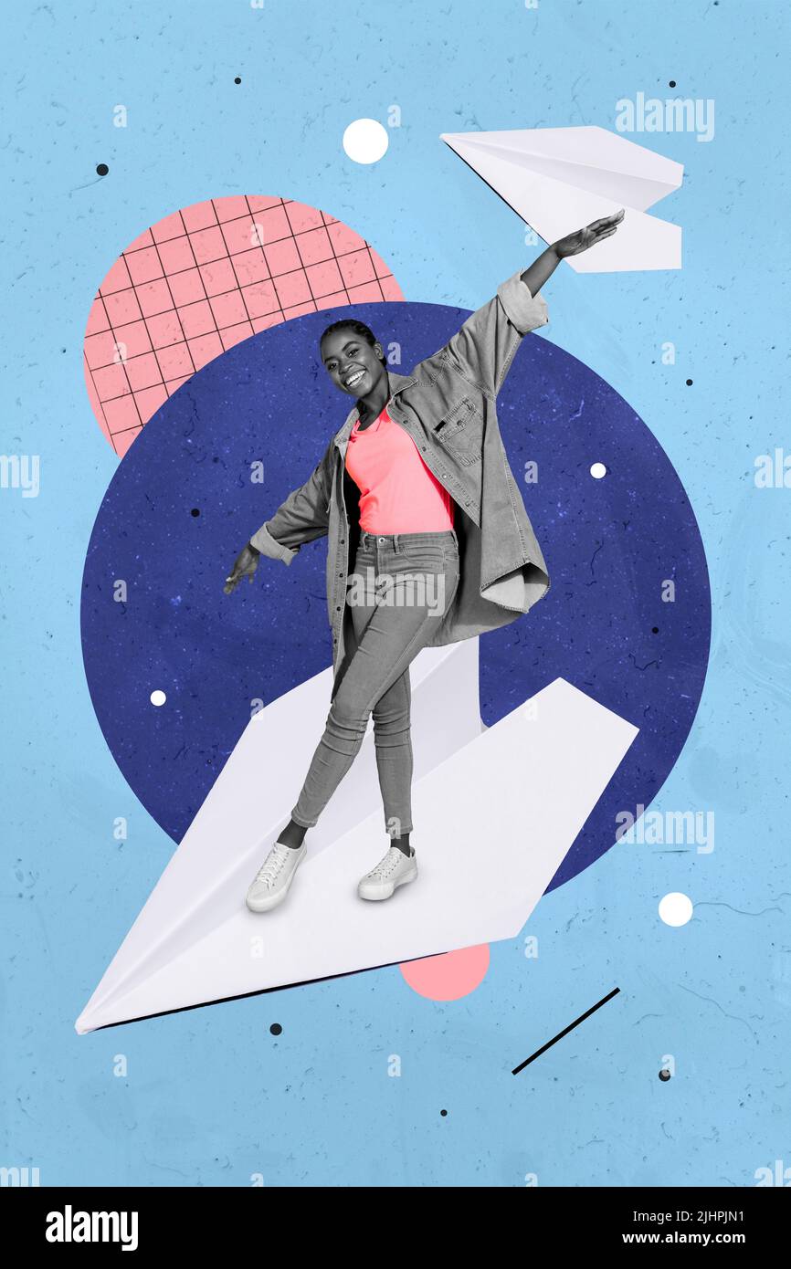 Vertical collage picture of excited cheerful girl black white effect ...