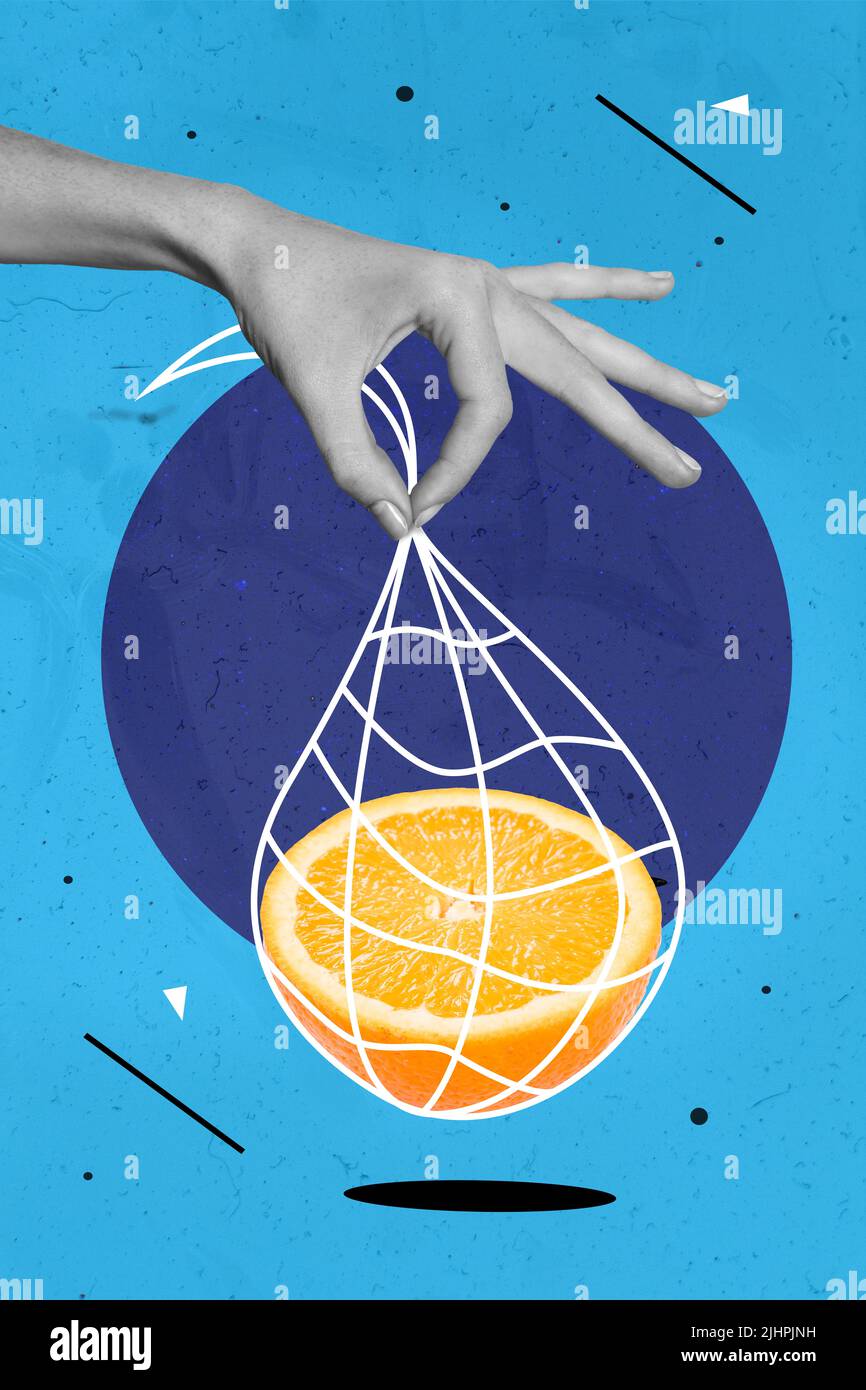 Photo cartoon comics sketch picture of arm palm holding net bag citrus ...