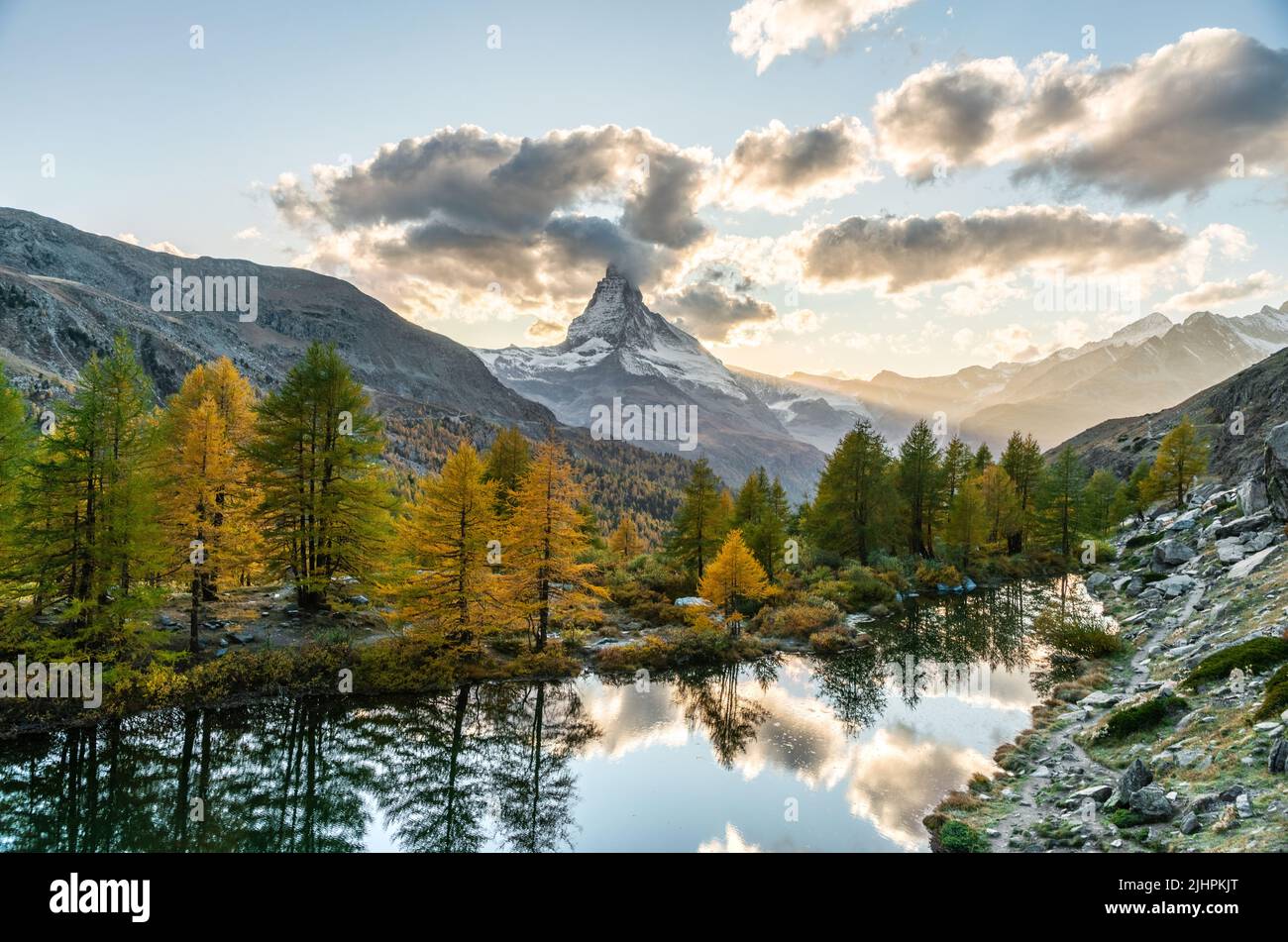 Awesome view of Matterhorn spire. Location place Grindjisee lake ...