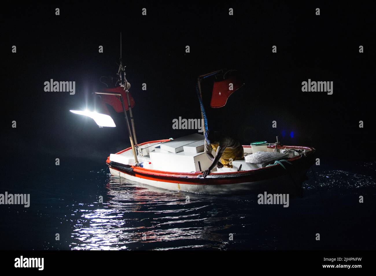 Purse seine fishing light boat on work Stock Photo - Alamy