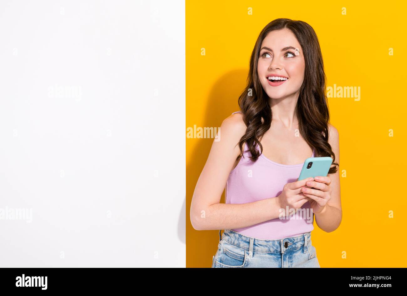 Portrait of pretty person look interested empty space poster board ...