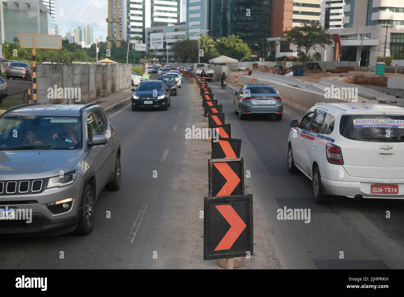 salvador, bahia, brazil - july 19, 2022: lane reduction signage at ...