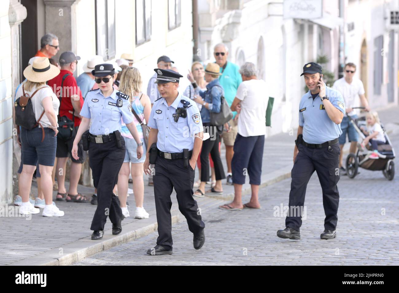 Croatia and Chinese Police officers Wang Bingyang and Yang Jinsha patrol downton Zagreb as part ...