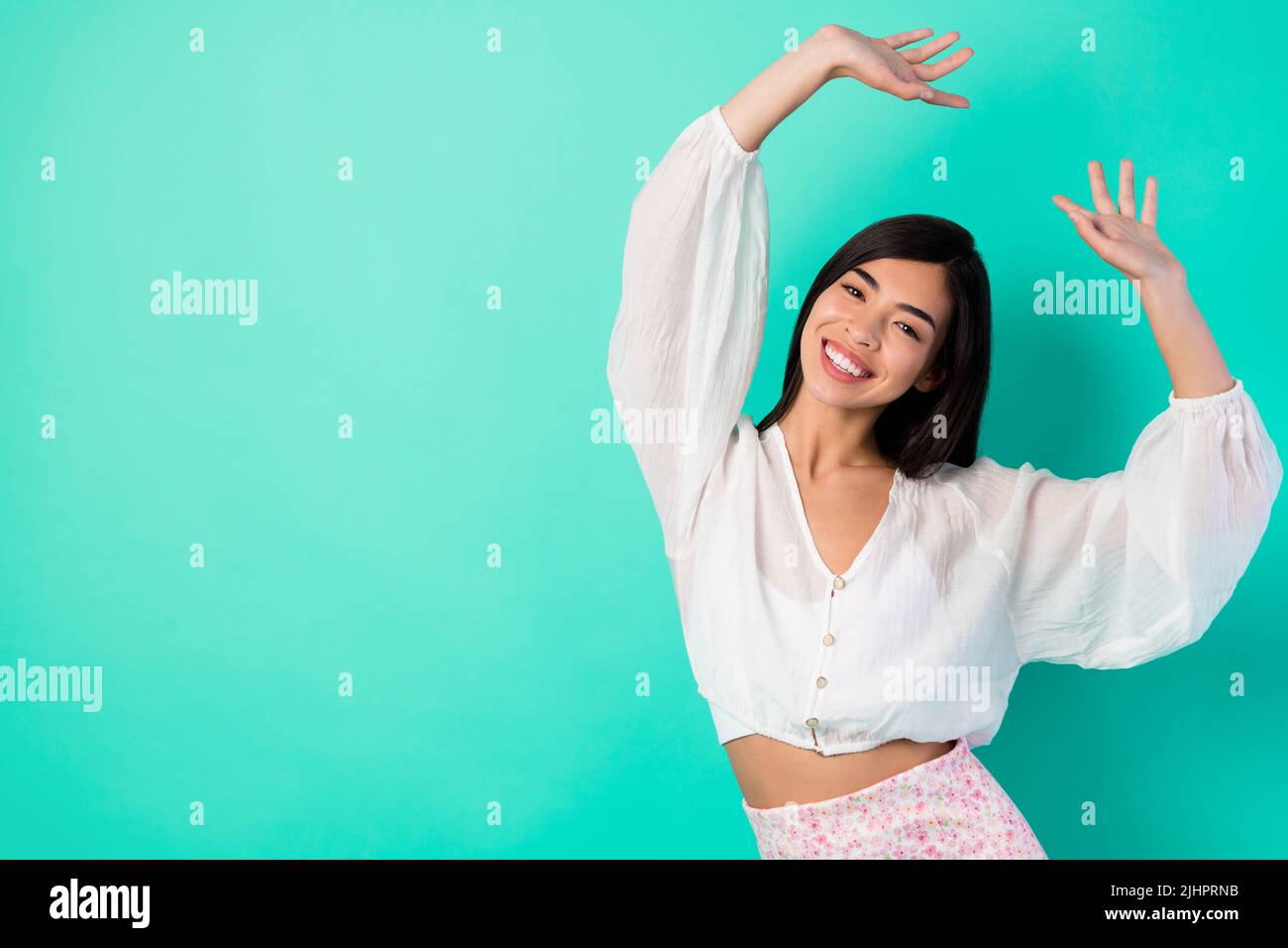 Photo of good mood nice girlish lady enjoy music sound discotheque ...