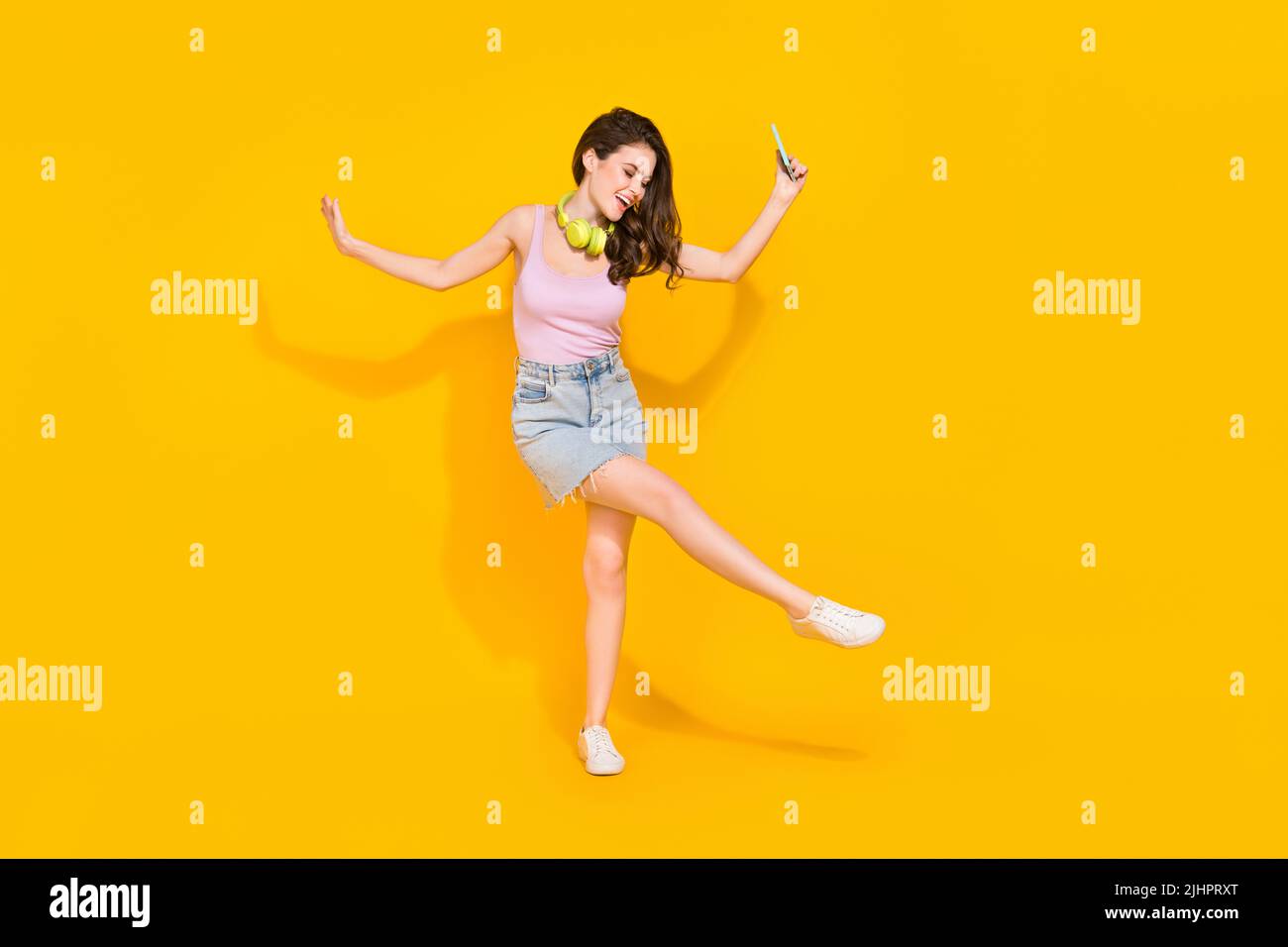 Full length photo of sweet funny lady dressed pink singlet enjoying ...