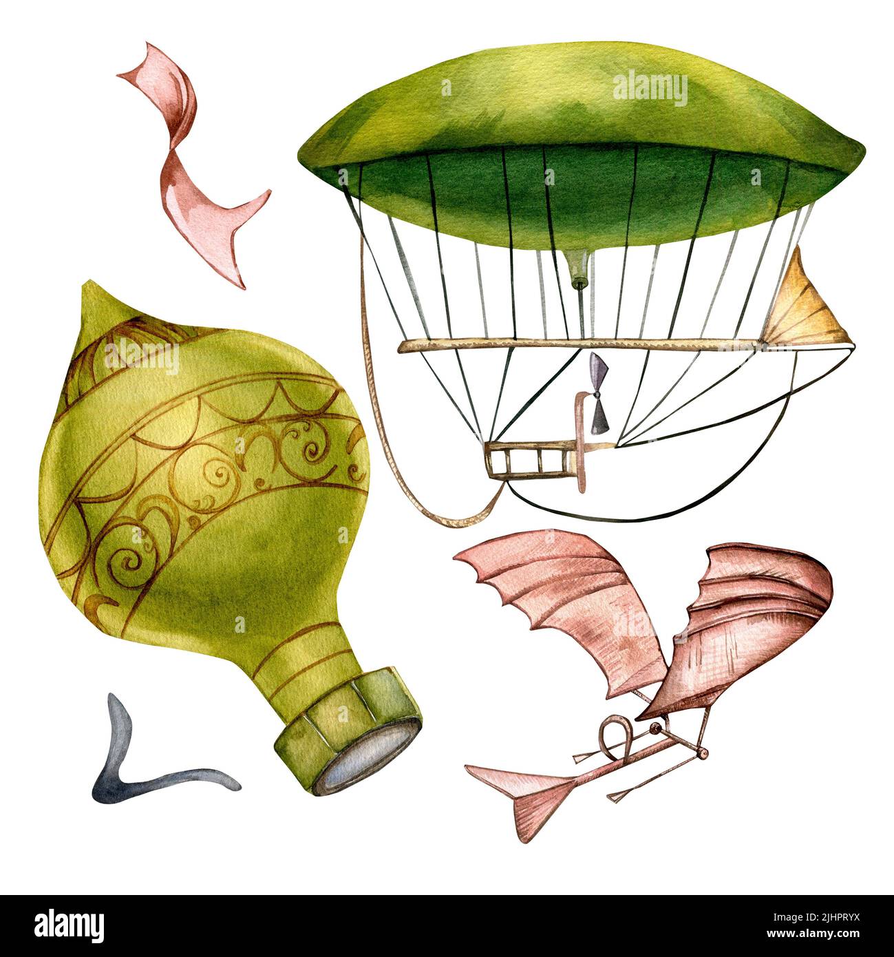 Ancient dirigible, hot air baloon vintage style watercolor illustration ...