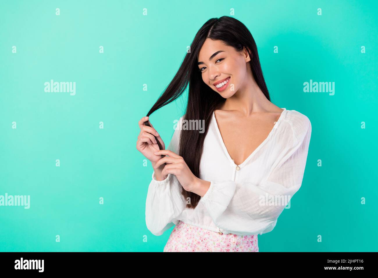 Photo of pretty cute lady enjoy anti dander therapy touch hair curls ...