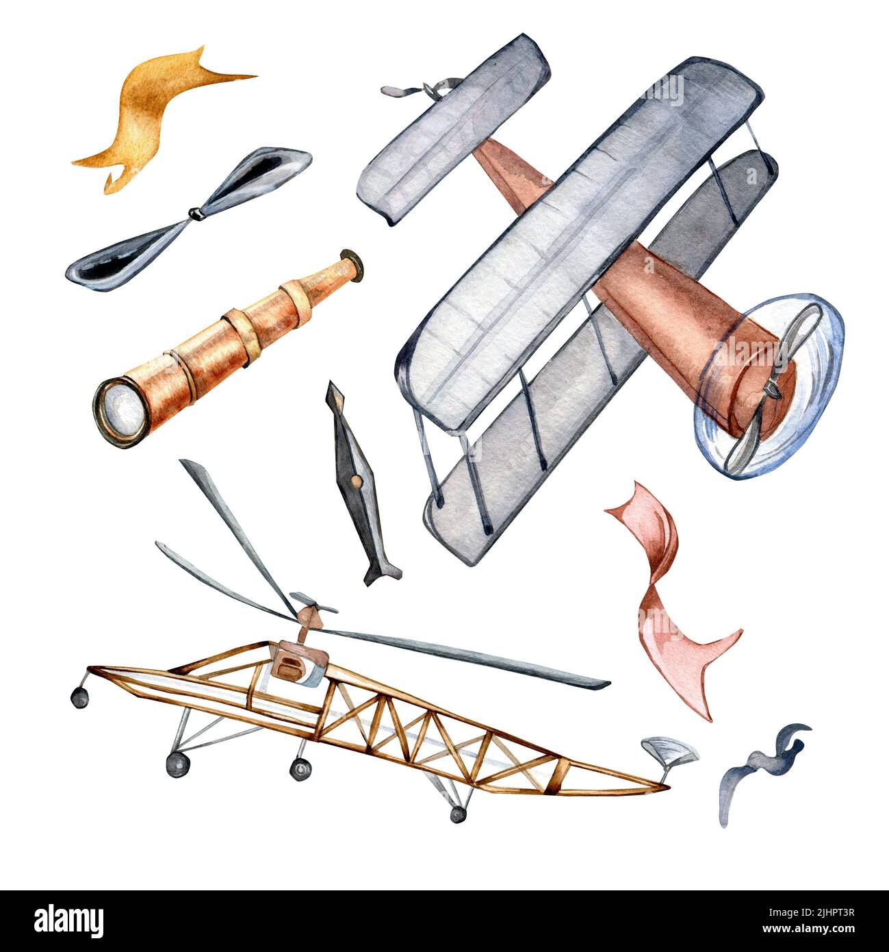 Set of biplane and helicopter vintage style watercolor illustration ...