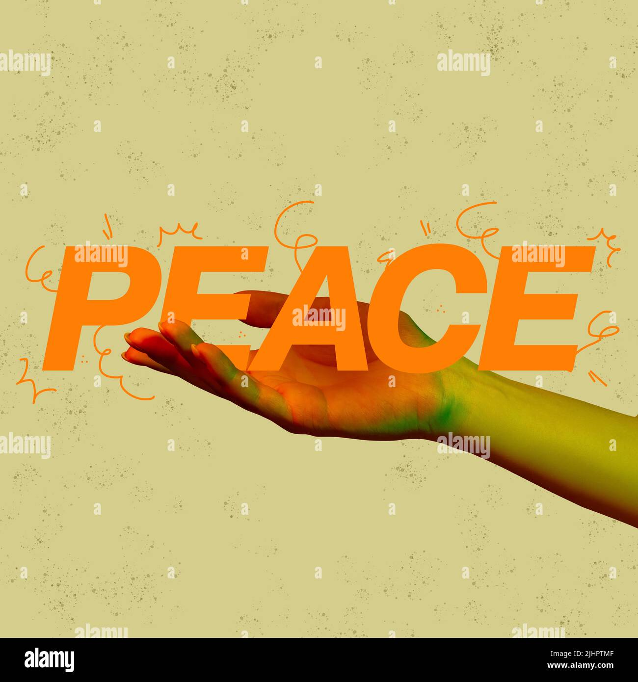 Creative design. Human hand showing big peace lettering isolated on ...