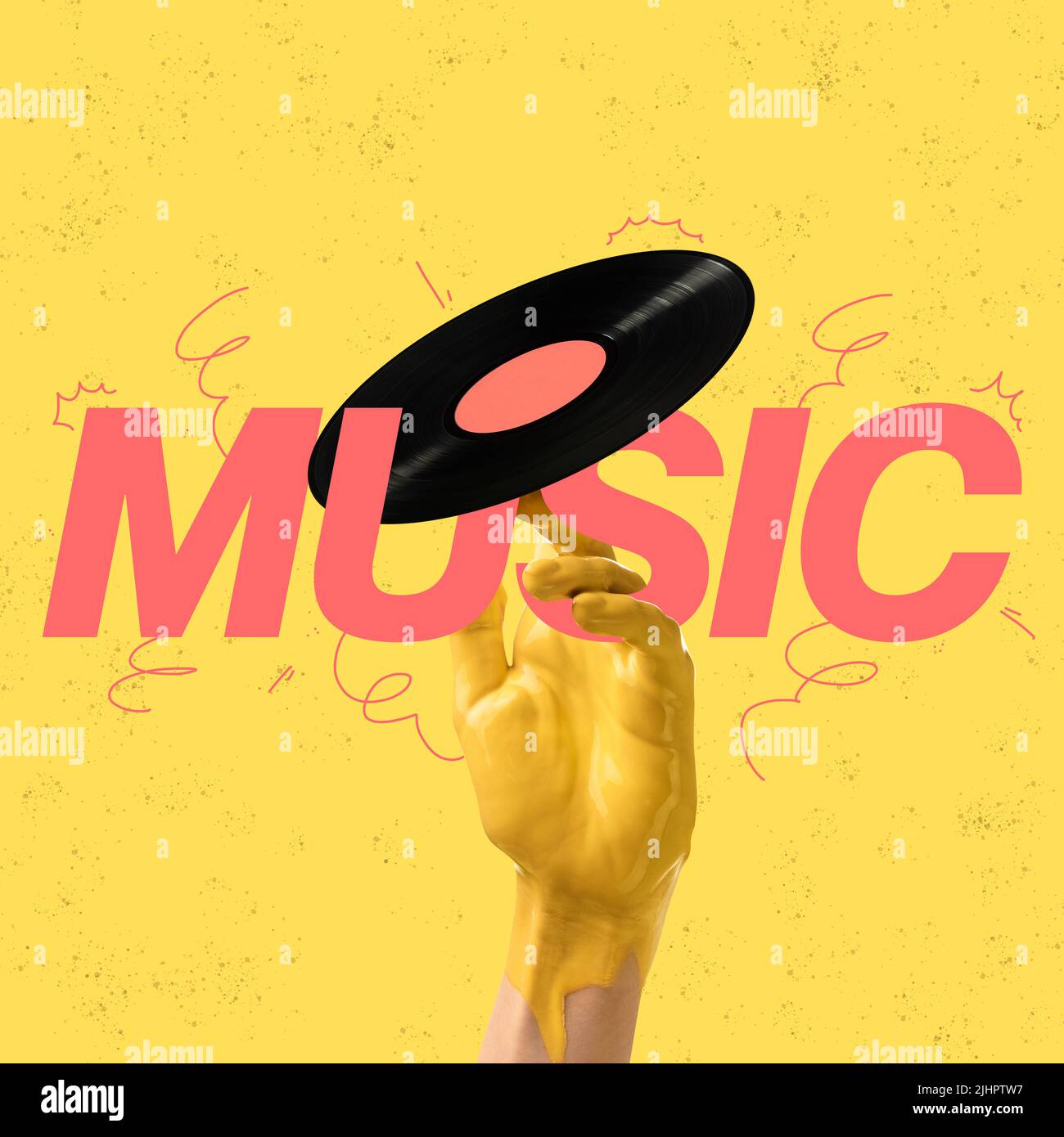 Creative colorful design. Male hand spinning on finger vinyl record ...