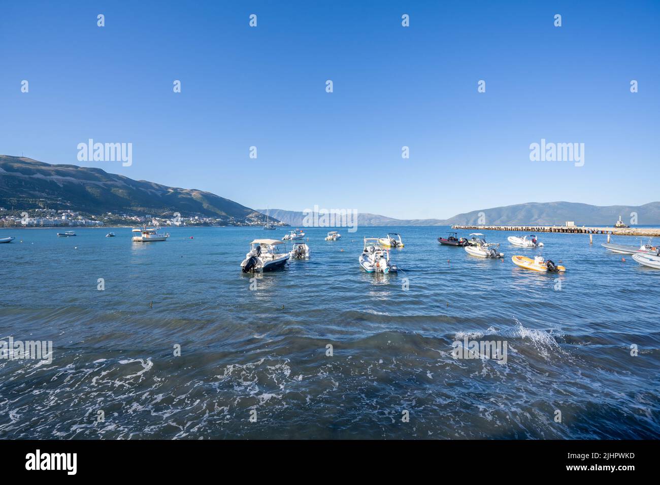 Touristic boats in Adriatic sea coast in the city of Vlore Vlora. Ships ...