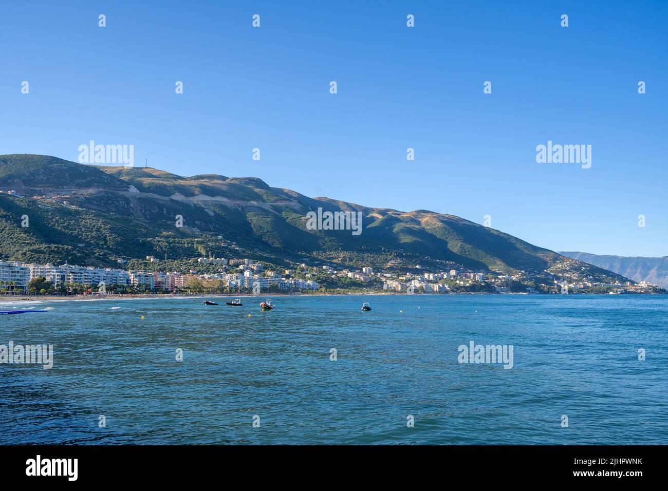 Touristic boats in Adriatic sea coast in the city of Vlore Vlora. Ships ...