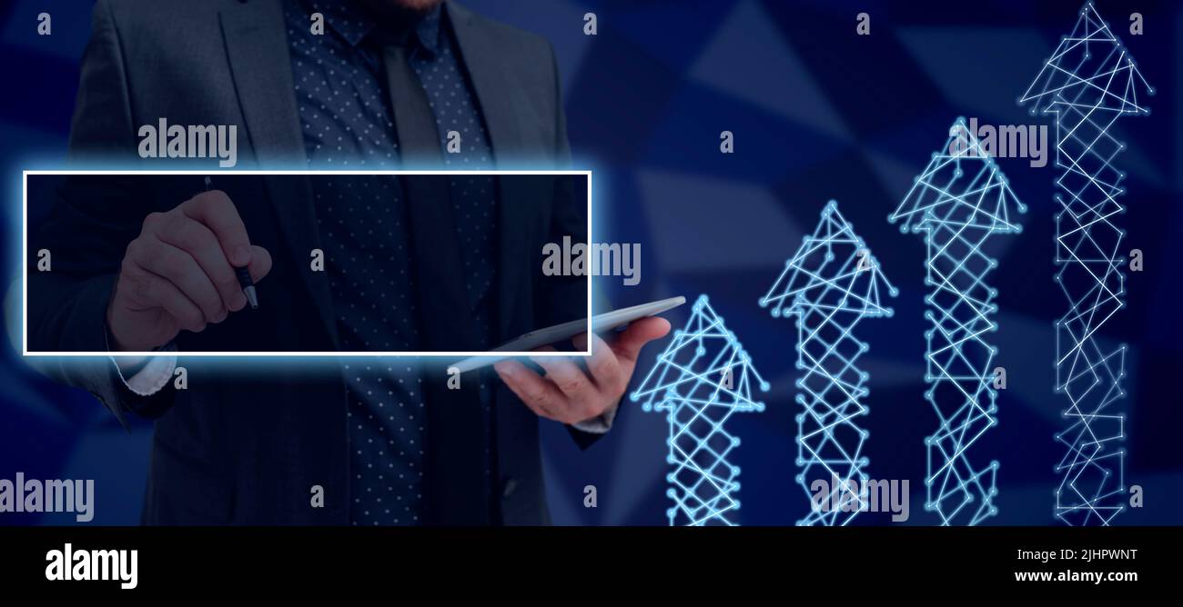 Businessman Holding Tablet And Pen Drawing Box By Arrows Going Up And ...