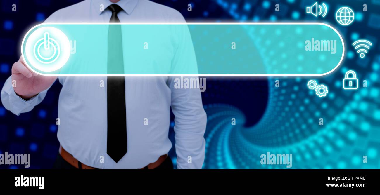 Businessman Pointing On The Power And Digital Symbols In A Futuristic ...