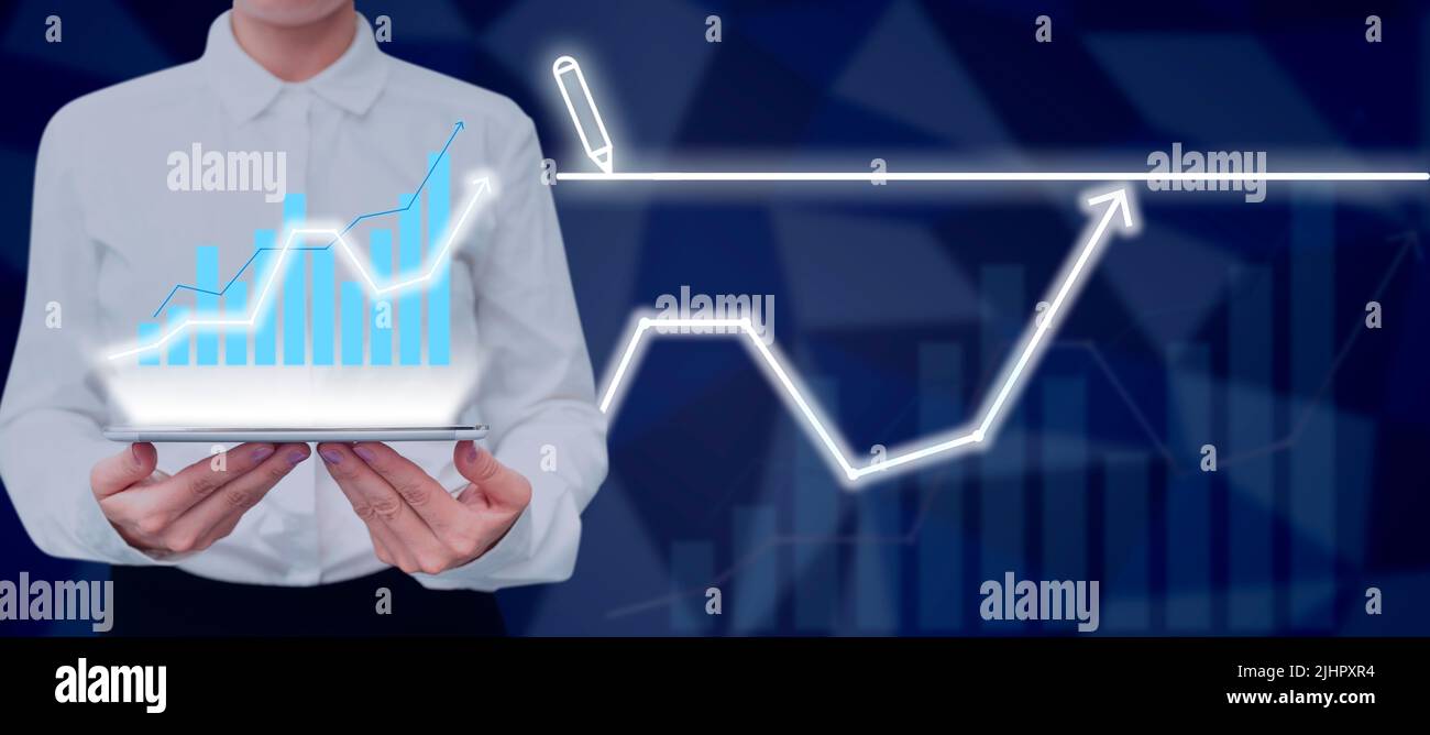 Businesswoman Holding Tablet Showing Digital Bar Graph And Arrow Symbol ...